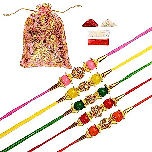 Tarini Gallery Set of 5 Rakhi for Brother Bhabhi and Bhatija Bhai Bhaiya Raksha Bandhan gift Rakhi Thread Rakhi with Roli Chawal and Greeting card gift pack in pouch/Potli bag (Set-2)