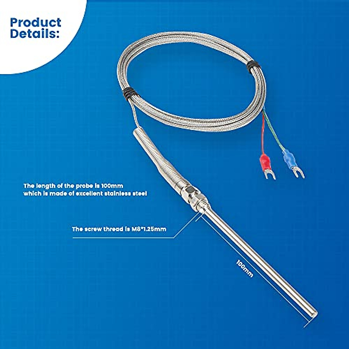 CGELE K-Type Thermocouple Temperature Sensors 0~600℃，2M/6.6Ft Wire Probe Length 100mm Two Wire 100×5mm Stainless Steel Probe Temperature Detector Temperature Gauge
