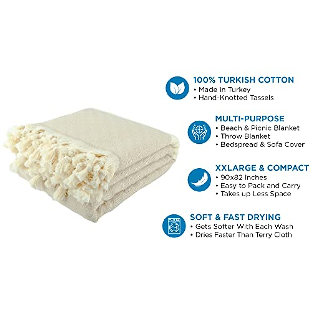 DEMMEX 2022-90x82 Inches XXXL Turkish Cotton Multipurpose Blanket, Throw Blanket Bedspread, Beach Picnic Blanket 3lb (Beige)