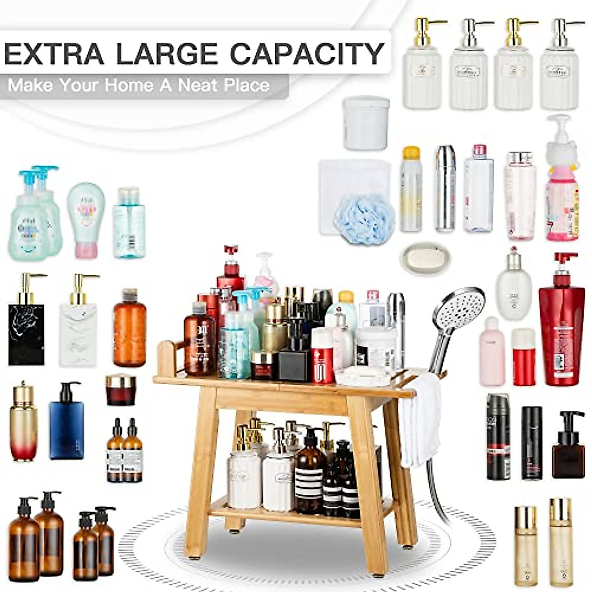 ETECHMART 2-Tier Bamboo Shower Bench, 24 Inch Spa Stool with Storage Shelf for Inside Shower Legs Shaving, Entryway or Bathroom, A-Shaped Shower Bath Seat for Seniors Adults Disabled Women, Natural