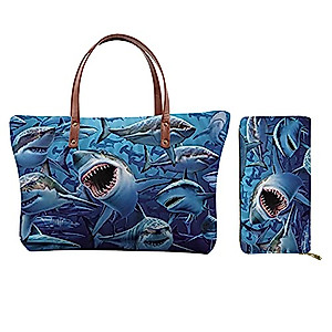 Biyejit Sharks Tote Bag Casual Beach Shopping Handbag Shoulder Bag for Women PU Leather Wallet Travel Purse Phone Card Holder Organizer, 2 Pieces for Girls Lady