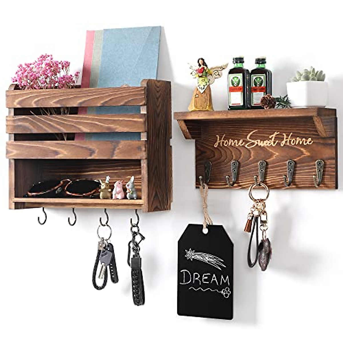 Innovation Key and Mail Holder for Wall, 2 in 1 Key Mail Holder for Wall, Wall Mail Holder with Shelf, Mail Holder with 9 Key Hooks, Pine Wood Vintage Brown