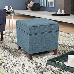 Adeco 17" Square Ottoman with Storage- Small Storage Ottoman Foot Rest with Hinged Lid- Blue Faux Linen Fabric Upholstered Footstool with Sturdy Wood Legs