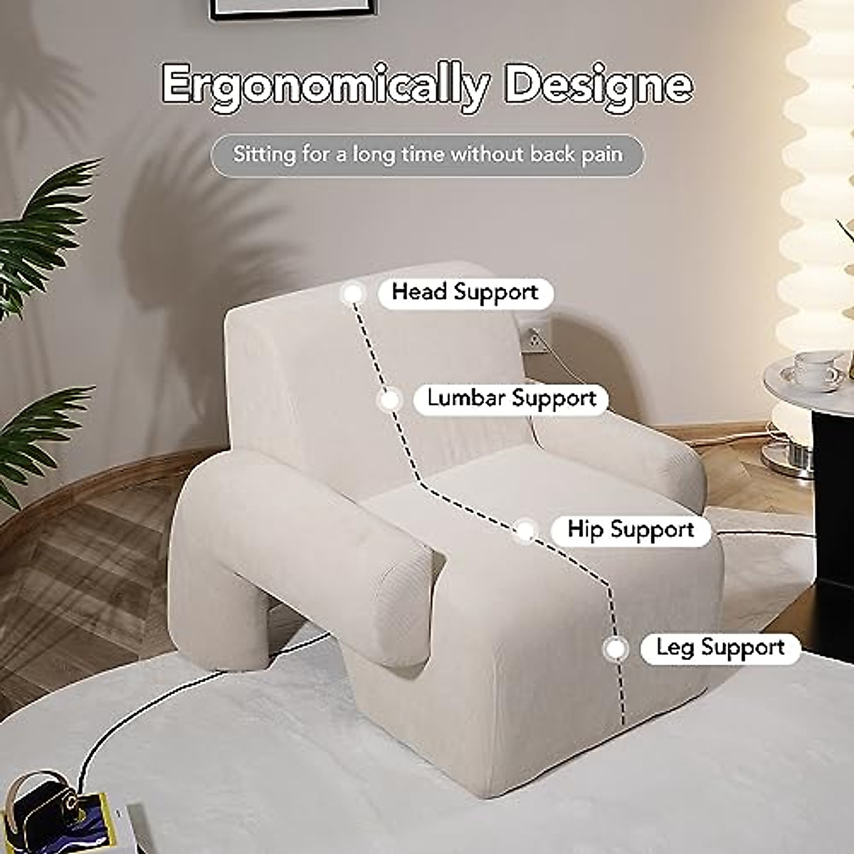 Guyii Upholstered Arm Sofa, Modern Fabric Sofa Chair, Ergonomic Accent Chair, Living Room Recliner with Backrest, Leisure Single Sofa for Bedroom, Living Room, Apartment (White)
