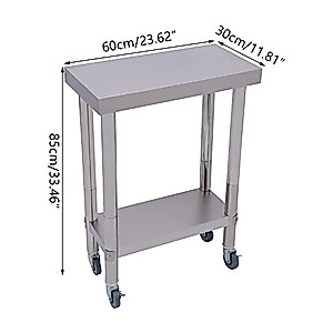 Stainless Steel Table with Wheels 24 x 12Inches, Stainless Steel Table for Prep & Work, Commercial Heavy Duty Food Prep Worktable with Undershelf for Restaurant, Home and Hotel
