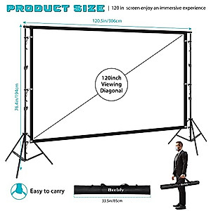 BEELIFY Projector Screen with Stand, 120 Inch Indoor Outdoor Portable Projection Screen, 16:9 HD 4K Outdoor Movie Screens for Party Cinema and Camping