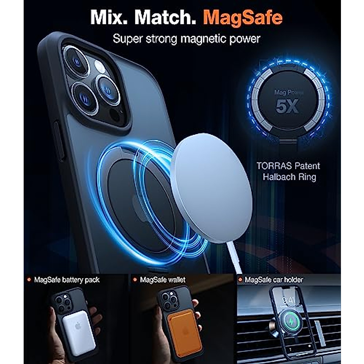 TORRAS Magnetic Shockproof for iPhone 14 Pro Case, [Exceed 3X Mil-Grade Drop Protection][Compatible with MagSafe] Built-in Foldable Stand Slim Yet Protective Phone Cover Grip Ring, Translucent Black