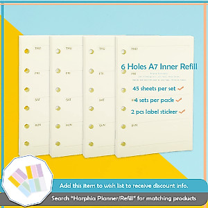 A7 Planner Refills, 4 Packs per Set, Weekly Plan Paper, A7 6 Ring Binder Inserts Refill with Label Stickers Gift,Mini Binder Refills,6 hole/100gsm Thick Paper/4.84 x 3.23'', Harphia