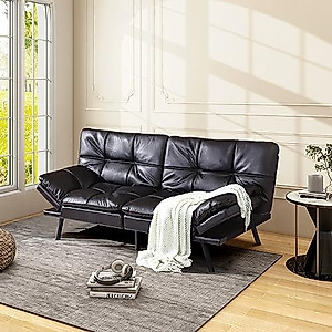 QAIIOO Futon Couch Modern Convertible Memory Foam, Faux Leather Loveseat Folding Sleeper Sofa Bed, Apartment, Dorm, Bonus Room, 71" D x 33" W x 31.5" H, Black 03