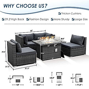 NICESOUL Large Size 5Pcs Patio Sectional Furniture Set with Firepits Outdoor High Back Conversation Sets with Gas/Propane Fire Pit Table Luxury Modular Sofa Set for Balcony Yard Garden