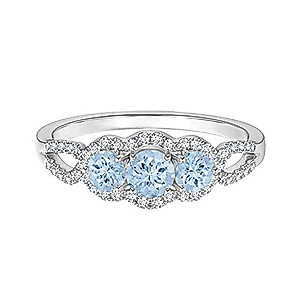 Three Stone 0.75 Ctw Round Aquamarine Gemstone 925 Sterling Silver Split Shank Ring (Sterling Silver, 10)