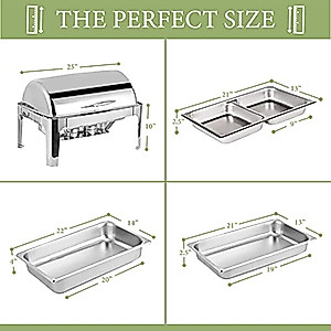 8 Qt Full Size Roll Top Chafing Dish Bundle Stainless Steel - 1 Full Size and Food Pans, 1 Water Pan, 1 Sectional Food Pan, 1 Tung and 1 Serving Spoon - Fuel Holders and Lid + Free Apron,