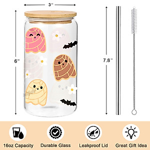 Lovearth Spooky Conchas Iced Coffee Cup, 16oz Halloween Glass Cup with Lid and Straw, Conchas Ghost Coffee Tumbler, Mexican Pan Dulce Gifts, Boo Basket Stuffers for Women, Dia de Muertos