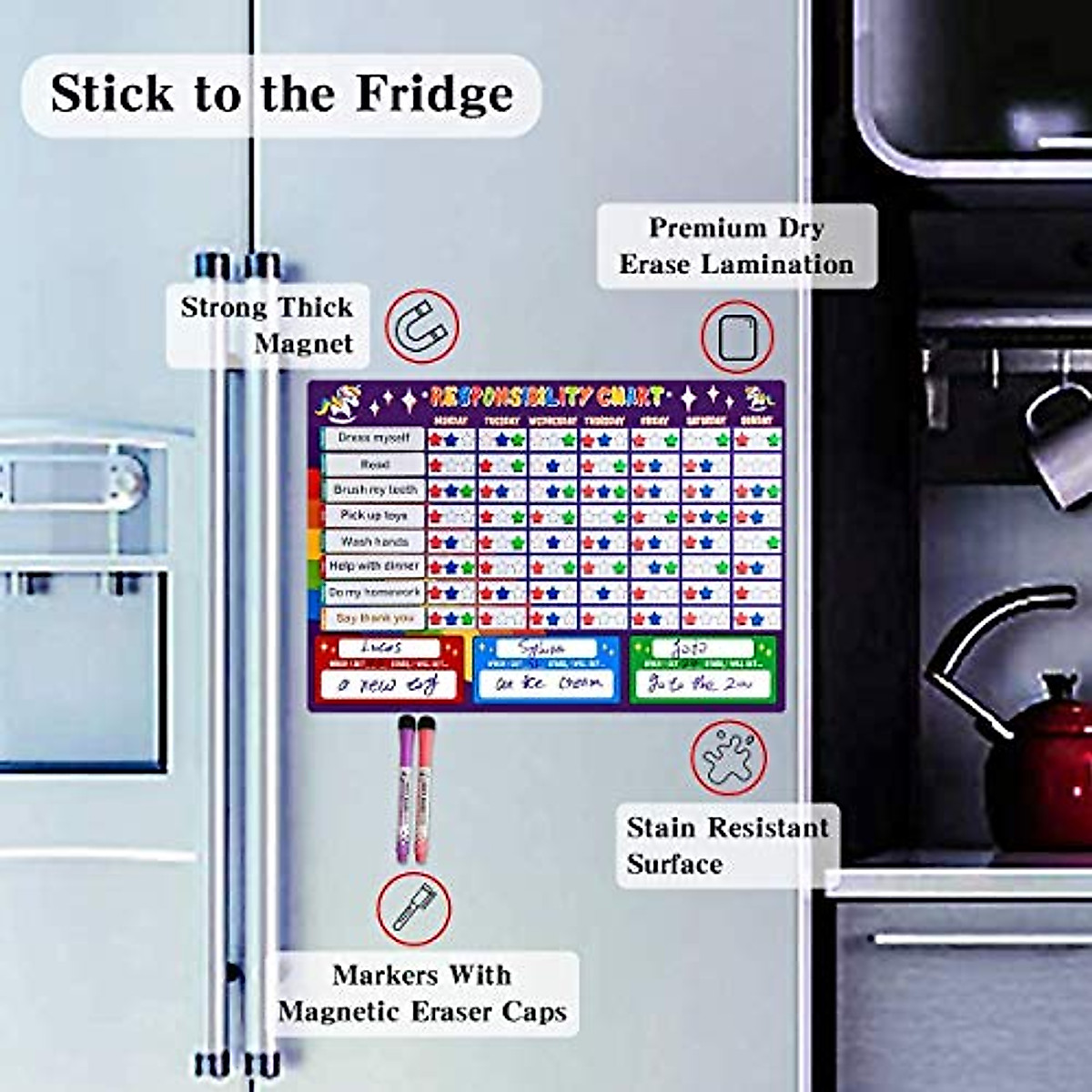 Magnetic Chore Chart, Responsibility Reward Chart for Multiple Kids Toddlers Unicorn Good Behavior Reward Chart for Fridge at Home Gift for Children - Dry Erasable, Purple