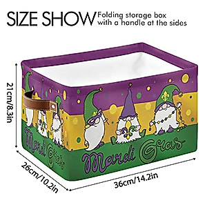 Mardi Gras Gnomes Storage Basket Fabric Laundry Baskets Gold Green Purple Fleur de Lis Mask Beads Confetti Feather Storage Boxes Organizer Bag for Baby Toy Book Storage Cubes Shelf Closet Bins 16×12×8