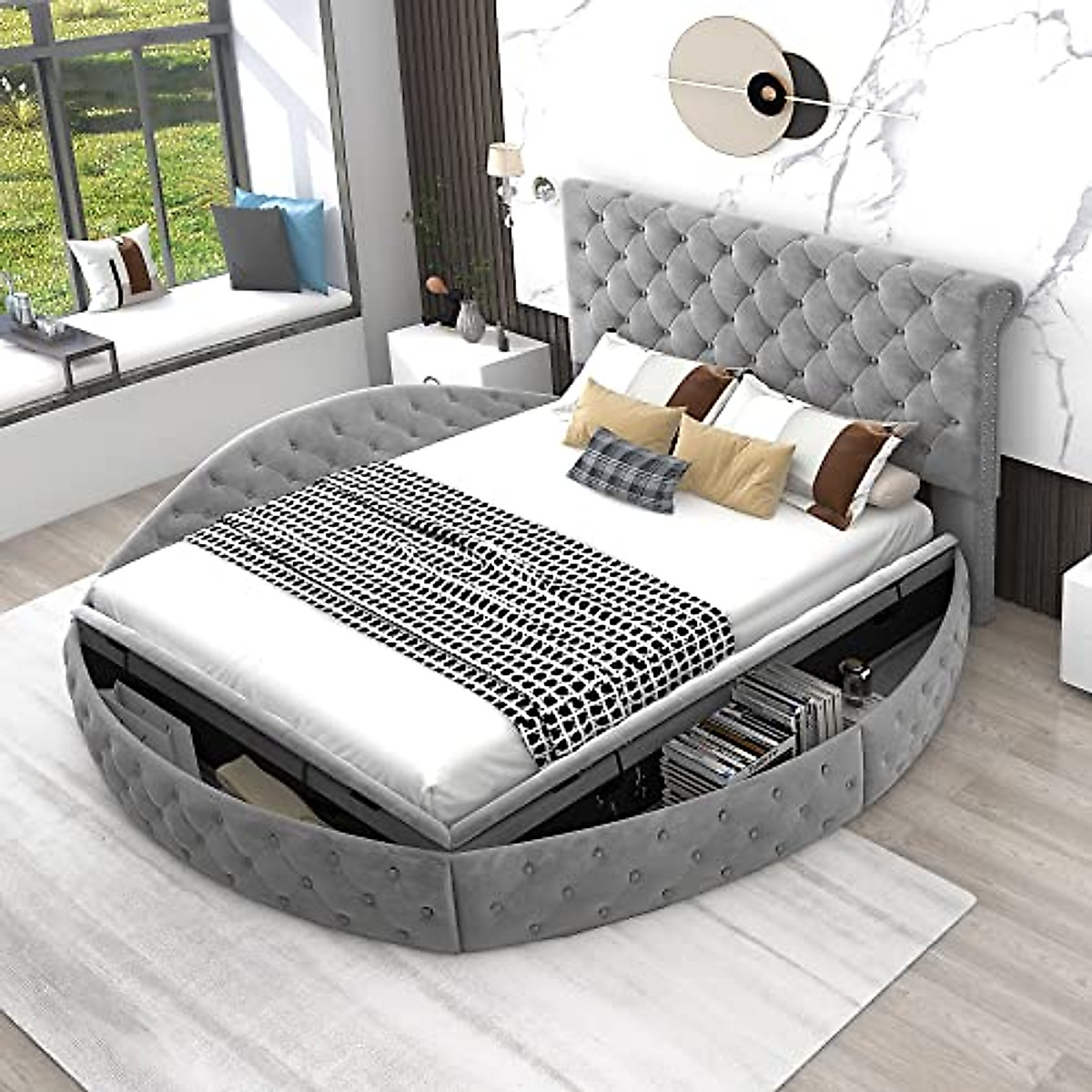 Harper & Bright Designs Full Size Upholstered Bed with Storage and Headboard, Round Shape Upholstery Platform Bed, Low Profile Design, Gray