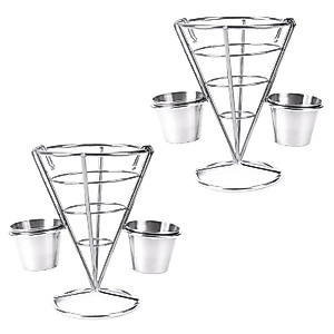 Eyourlife 2 Pieces French Fry Serving Stands with Double Sauce Holders, Stainless Steel Fry Cone Basket, Fish and Chips Holder, for Restaurant Cafe Table Food Serving