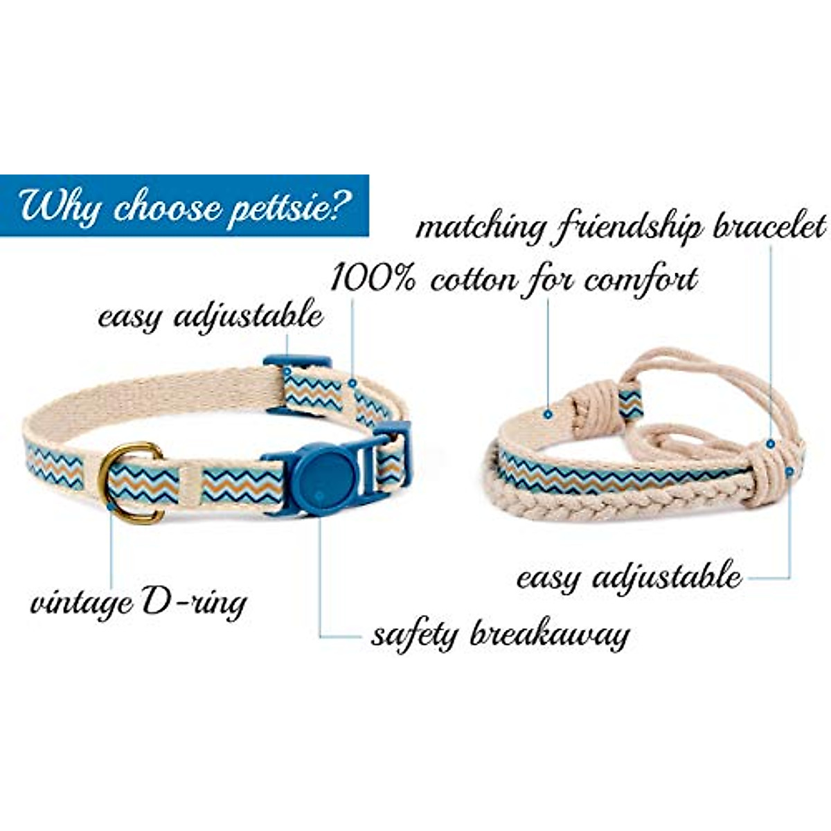 Pettsie Cat Collar Breakaway Safety and Friendship Bracelet for You, Durable 100% Cotton for Extra Safety, Comfortable and Soft, D-Ring for Accessories, Gift Box Included (7.5"-11.5" Neck, Blue)