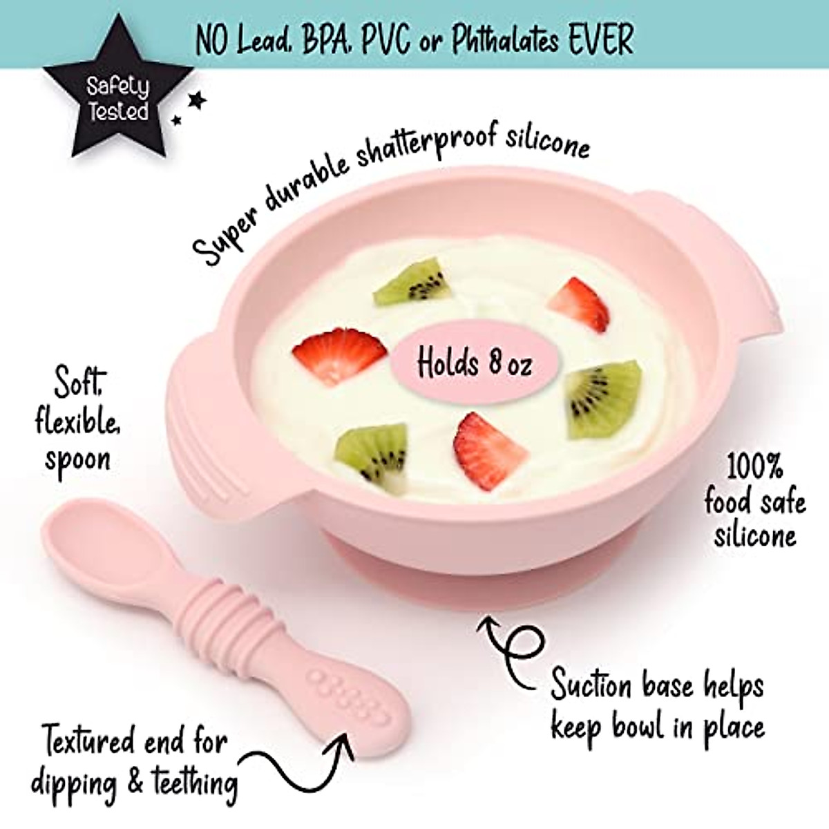 PrimaStella Unbreakable Silicone Non-Slip Bowl and Chew Spoon Set for Babies and Toddlers (Pink)