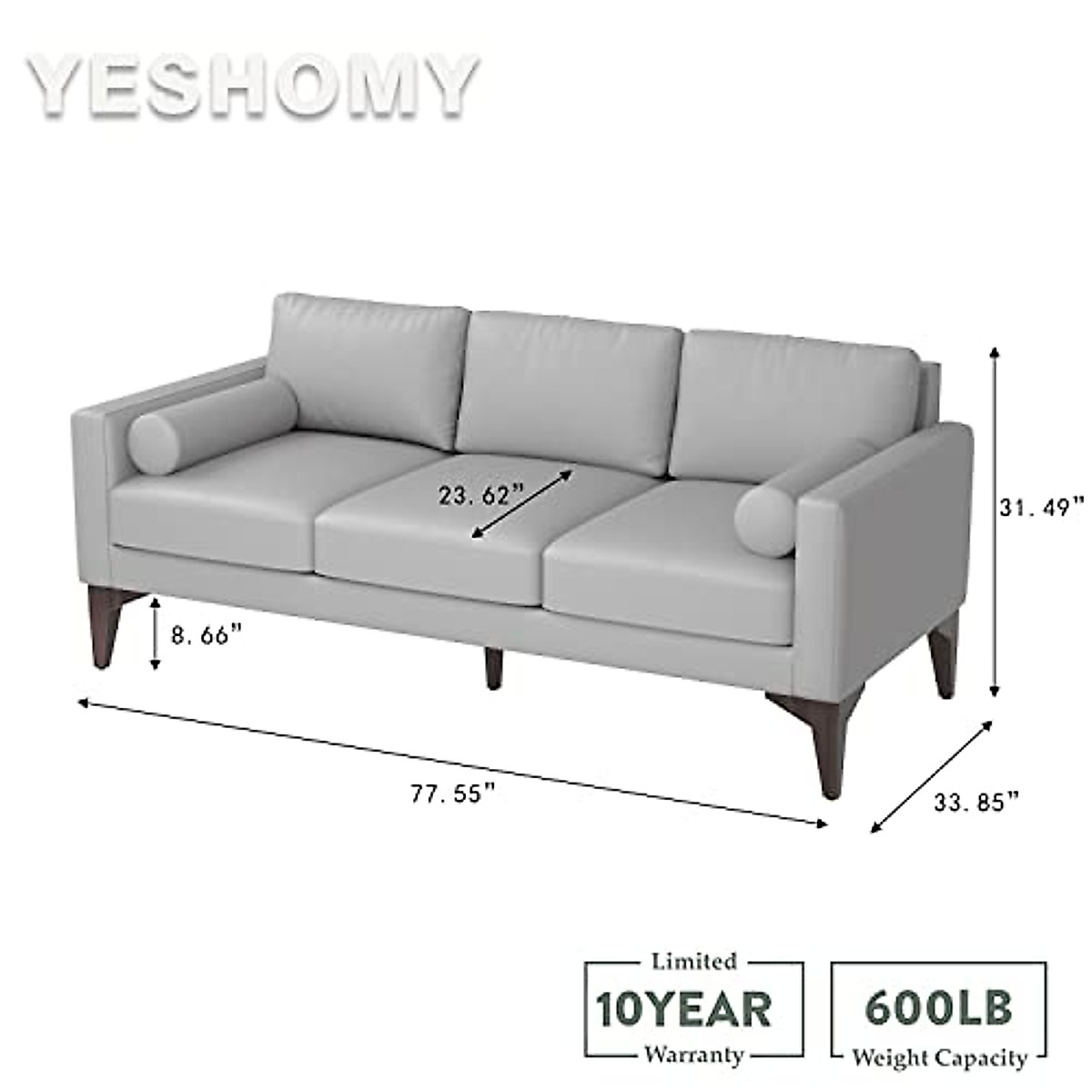 YESHOMY Rivet Mid-Century Upholstered Modern Sofa Couch, Loveseat with Sturdy Wooden Feet, No Assembly Required, 77" W, Gray Breathable Leather