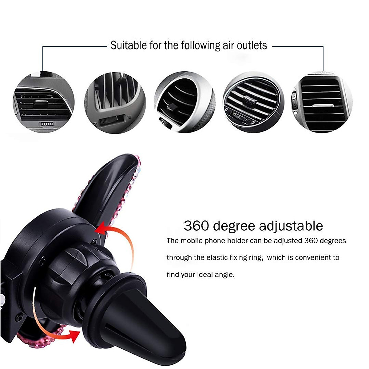 SUNCARACCL Bling Car Phone Holder Mini Dash Air Vent Automatic Mount Universal 360°Adjustable Crystal Auto Stand Accessories for Women and Girls (Black)