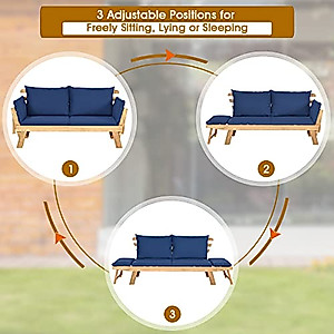 Tangkula Acacia Wood Patio Convertible Couch Sofa Bed with Adjustable Armrest, Outdoor Daybed with Cushion & Pillow, Turquoise & Navy Cushion Cover Sets, Folding Chaise Lounge Bench Ideal for Porch