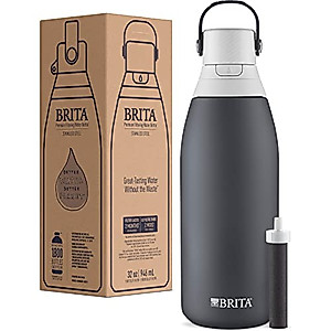 Brita Insulated Filtered Water Bottle with Straw, Reusable, Stainless Steel Metal, Carbon, 32 Ounce