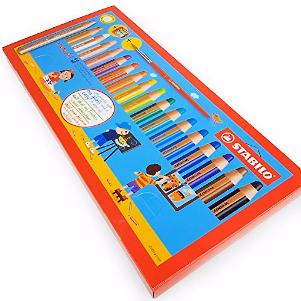 STABILO - Woody 3 in 1 Multi-Media Watercolour Pencils - Jumbo Easy-Grip - Pack of 18 With Sharpener and Brush