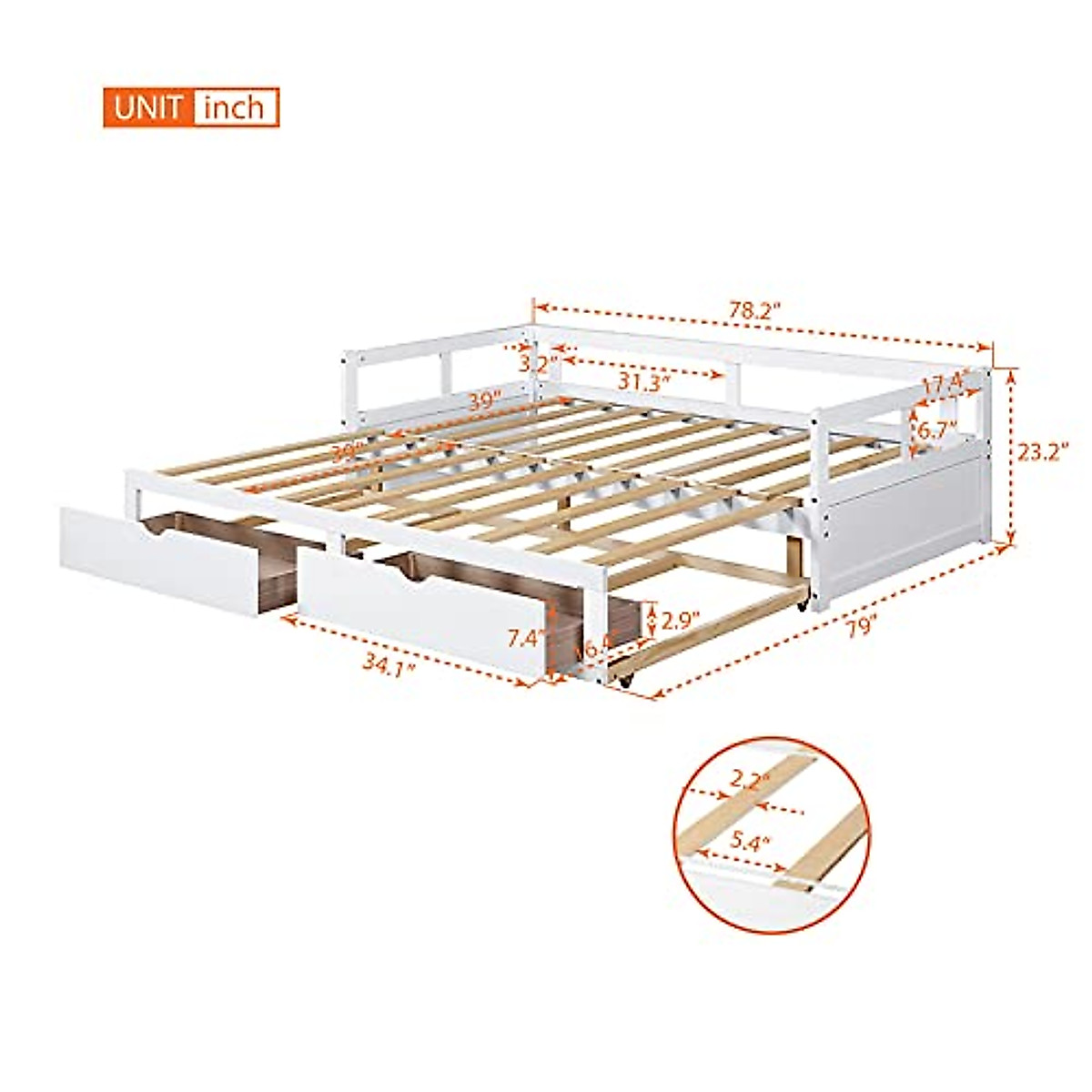 YSWH Pinewood Extending Daybed with Storage Drawers, Can Be Expanded from Twin Size to King Size, Sofa Bed Frame with Safety Guardrails, for Kids Teens (White)