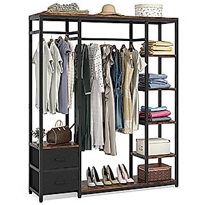 Tribesigns Freestanding Closet Organizer with 2 Drawers, 59 inch Heavy Duty Clothes Garment Rack with Shelves and Double Hanging Rod, Metal Clothing Rack Wardrobe for Bedroom, Rustic Brown