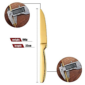 Stainless Steel Serrated Steak Knife Set of 6, BuyGo Gold Color Heavy Duty Dinner Table Knives for Cutting Meat, Beef, 8.6 Inch, Dishwasher Safe