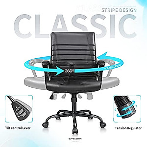 Devoko Office Chair Mid Back Desk Chair PU Leather Executive Office Chair Ribbed Computer Task Chair Swivel Rolling Chair with Padded Arms and PU Wheels, Black