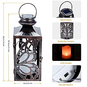 Solar Lanterns Outdoor Garden Decor - OxyLED 2 Pack 14.2 Inch LED Waterproof Hanging Retro Butterfly Lantern with Handle Flickering Flameless Candle Mission Lights for Table Patio Yard Pathway Porch