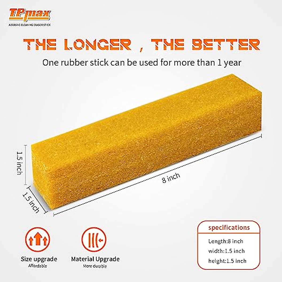 1-1/2" x 1-1/2" x 8" Inch Abrasive Cleaning Eraser Stick for Cleaning Abrasive Sanding Belts & Sanding Discs Sandpaper Rough Tape, Skateboard and Shoes Natural Rubber Build