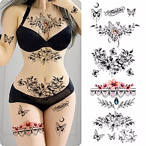 ROARHOWL sexy temporary tattoos for women,sexy tattoo kit, beautiful and exquisite,3D realistic flowers, butterflies, abdomen, chest, waist and back apply false tattoos for girl (Design 3)