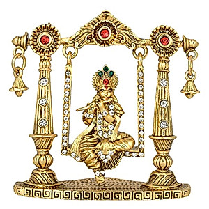 Metal Golden Lord Krishna Idol On Jhula Statue Car Dashboard Temple Puja Home Decor Office Showpiece 5.5 Cm Pack of 1 Pcs