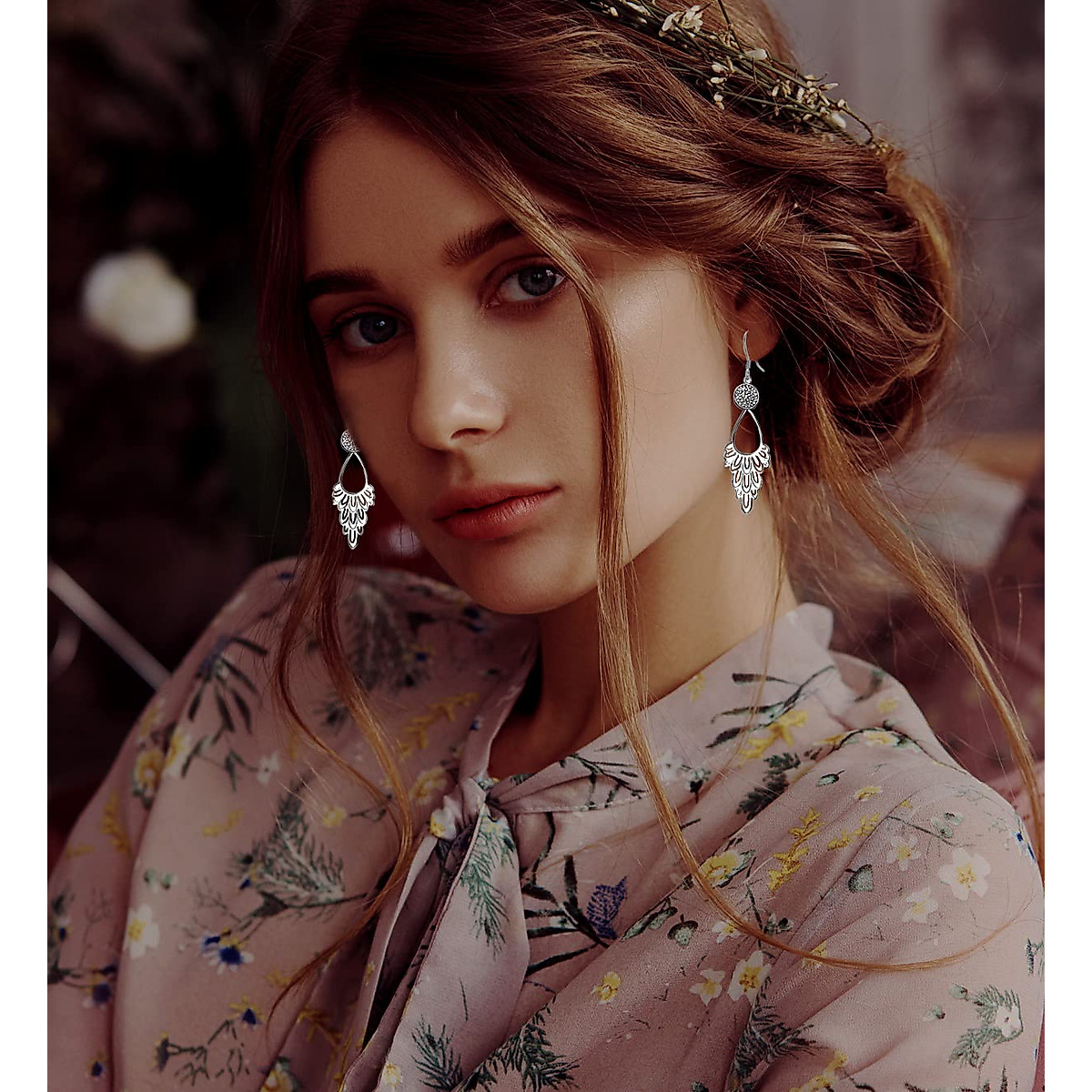 White gold plated 925 Sterling Silver Bohemia Chandelier Filigree Dangle &Drop Earrings for women 1.9Inches long