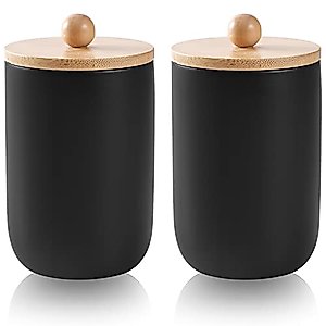 JiatuA Qtip Holder Dispenser with Bamboo Lids, Matte Black Ceramic Apothecary Jar Containers Cotton Ball Holder for Vanity Makeup Organizer Bathroom Canister Storage Farmhouse Decor, 2 Pack