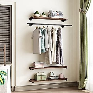 HOMEKAYT Industrial Pipe Clothing Rack Wall Mounted Garment Rack with Wooden Shelves Set of 3 Office Bedroom Living Room-SOLID WOOD