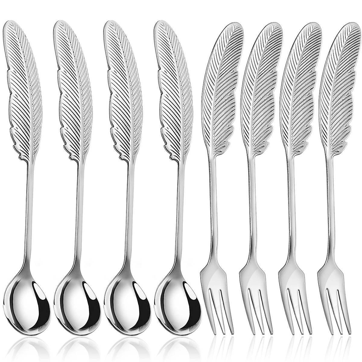 Teaspoons & Dessert Forks Set Feather Shape 18/10 Stainless Steel, Cute Silver Espresso Flatware Set for Dessert Coffee Ice Cream Pudding Condiment, 4pcs Tea Stirring Spoons & 4pcs Appetizer Forks