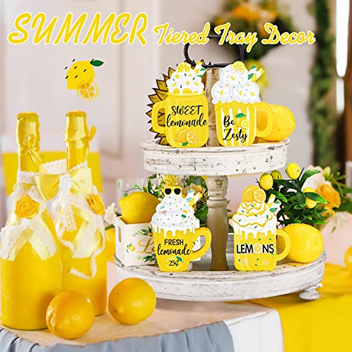 4 Pcs Lemon Tabletop Mug Sign Decor Lemon Table Decor Summer Lemon Tiered Tray Decor Farmhouse Wood Tiered Tray Decor Kitchen Standing Sign for Home Decor