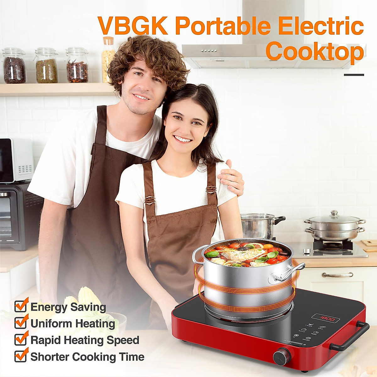 VBGK Electric Cooktop, 1800W Single Cooktops with 2 Handle, Electric Hot Plate for Cooking, Electric Stove top with 9 Power Level, 4H Timer Touch and Knob Control,Portable Induction Cooktop