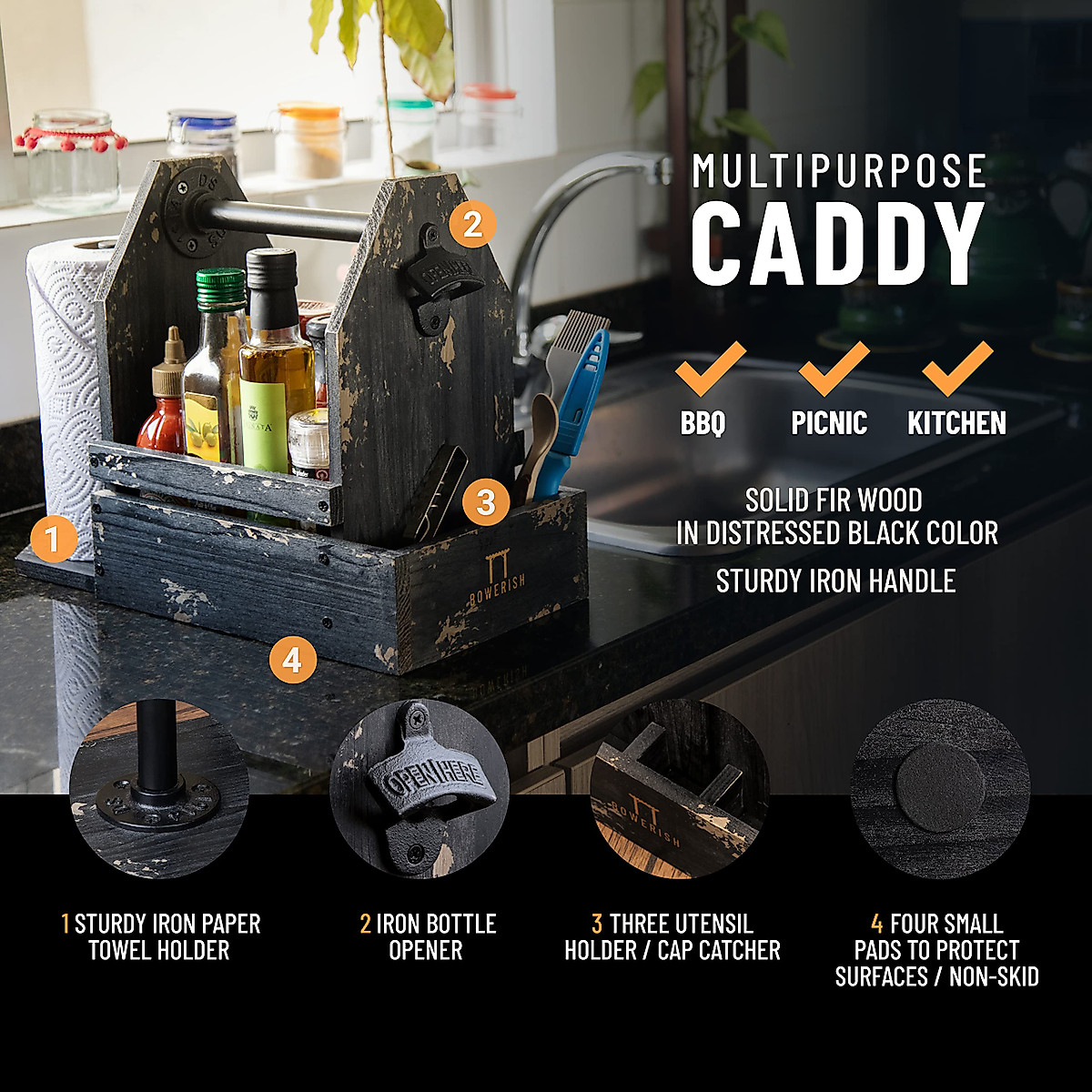 BOWERISH Distressed Wood BBQ Caddy with Paper Towel Holder and Three Utensil Holder - Ideal Organizer for Picnic Condiment and Outdoor Grill Accessories - Sturdy Iron Handle and Classic Bottle Opener