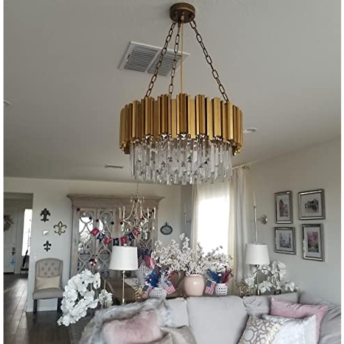 A1A9 Modern Round Crystal Chandelier Lights Luxury Pendant Ceiling Light Contemporary Raindrop Chandeliers Lighting Fixture for Dining Living Room Kitchen Island Bedroom Foyer Hallway (Antique Gold)