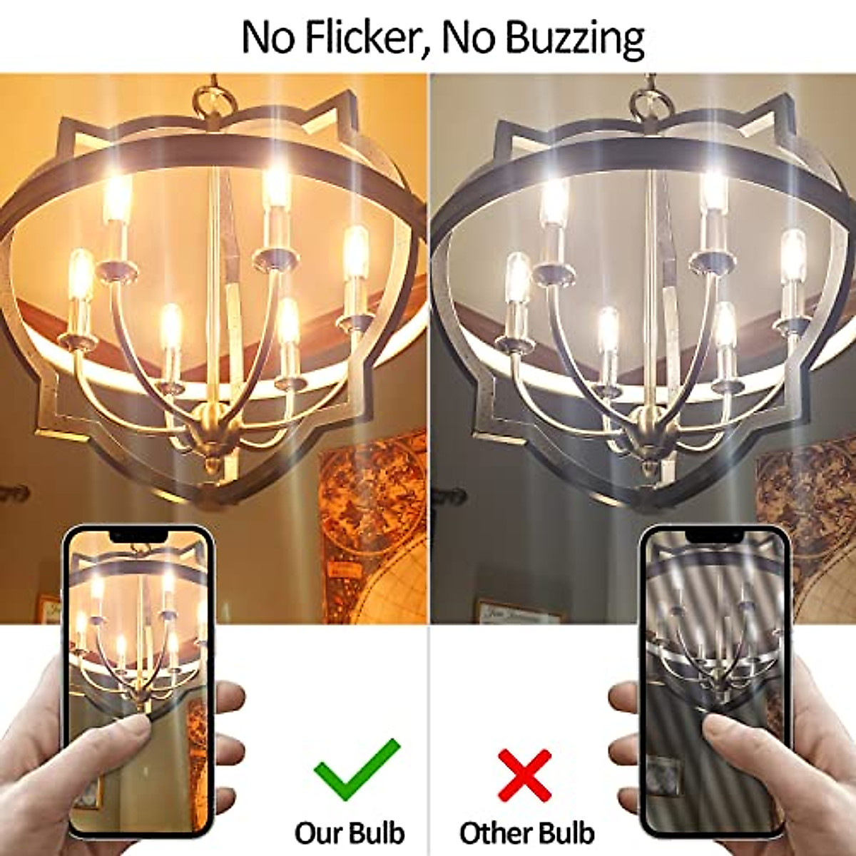 E12 LED Light Bulb 6W Dimmable 60W Equivalent 6-Pack, T6 T25 E12 Candelabra Bulb 600LM LED Filament Bulbs 2700K Warm White with Clear Glass for Chandeliers, Ceiling Fan,Pendant,Wall Sconce,CRI 95+