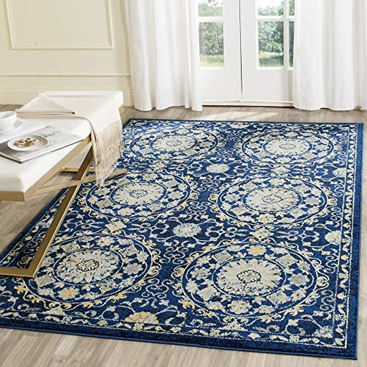 SAFAVIEH Evoke Collection 5'1" x 7'6" Ivory/Blue EVK252C Boho Non-Shedding Living Room Bedroom Area Rug