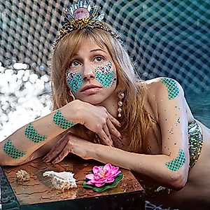 Mermaid Makeup Kit Mermaid Face Paint Scale Stencil and Gems Stickers with12 Bottles Holographic Glitter Mermaid Costume Tattoo Accessories for Women Festival Rave Carnival Party (7pcs Mermaid scale)