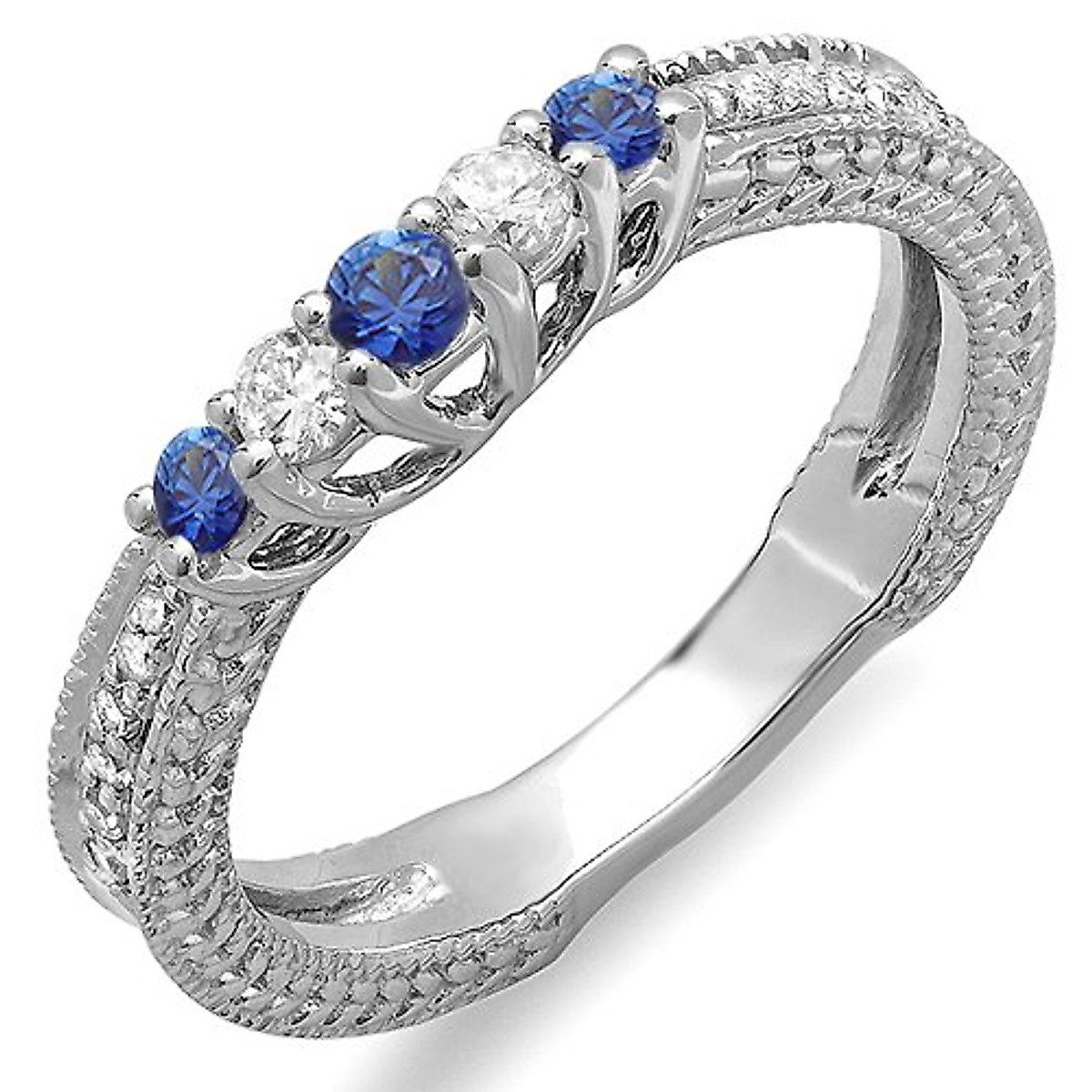Dazzlingrock Collection 10K Round Blue Sapphire And White Diamond Women Wedding Band Guard Enhancer Ring, White Gold, Size 6.5