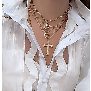 ACC PLANET Gold Layer Necklace Set 6PCS Gold Plated Multilayer Chain Moon Cross Coin Pendant Mother's Day Layered Choker Necklace for Women Gift