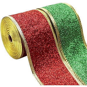 Christmas Ribbon Glitter Wired Christmas Ribbons Red Green Wire Edged 2 inch Wide x 6 Yds for Gift Wrapping Bows Christmas Tree Ribbon Garland Wrap Around Ribbon for Xmas Trees Gifts Crafts Presents